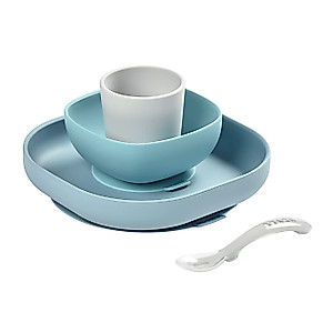 BEABA Silicone 4 Piece Baby Feeding Set, Suction Plates for Baby, Includes Plate, Bowl, Cup, 2nd Stage Silicone Spoon, High Grade Food Safe Silicone, Rain