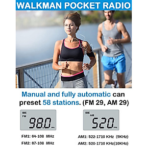 HanRongDa Portable Radio AM/FM Walkman with Excellent Reception and Stereo Sound, Pocket Radios with 58 Preset Stations, Built-in 500mAh Battery for Walking, Jogging, Mowing and Traveling HRD-103