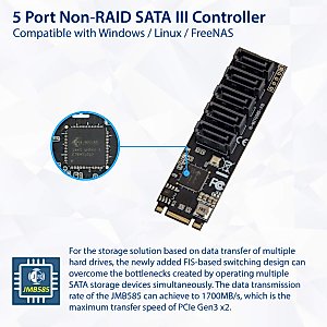 IO CREST Internal 5 Port Non-RAID SATA III 6GB/s M.2 B+M Key Adapter Card for Desktop PC Support SSD and HDD. JMB585 Chipset