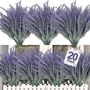 TURNMEON 20 Bundles Artificial Lavender Outdoor UV Resistant Flowers Plastic Fake Flowers Plants, Artificial Flowers Faux Plants for Outdoor Window Box Hanging Planter Home Porch Summer Decor(Purple)