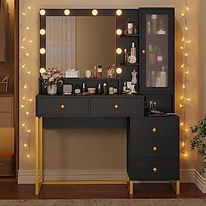 BTHFST Large Vanity Desk with Mirror and Lights, Makeup Vanity with Lights and Charging Station, Vanity Table with 5 Drawers and Storage Shelves, Makeup Desk with Nightstand, Black and Gold