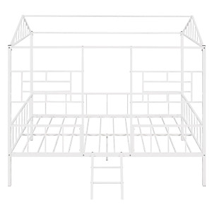 Full House Bed with Fence Railings Metal Cabin Bed Frame with Ladder Child Fun Tent Beds for Toddler Kids Boys Girls Teens, Full Size, White