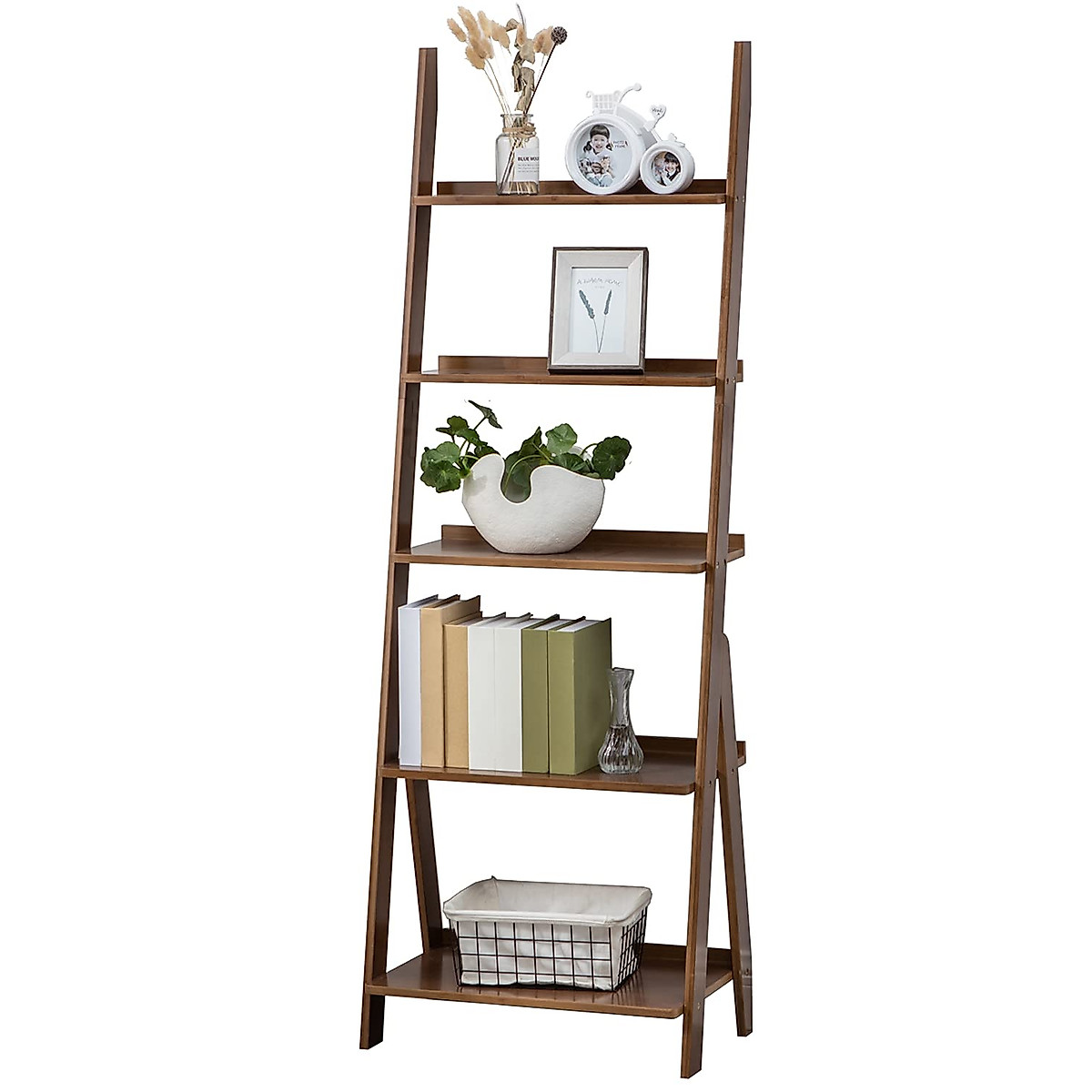 SOBIBO Ladder Shelf, 5-Tier Leaning Shelf, Free Standing Organizer Storage Shelves, Storage Rack Shelf for Office, Living Room, Brown