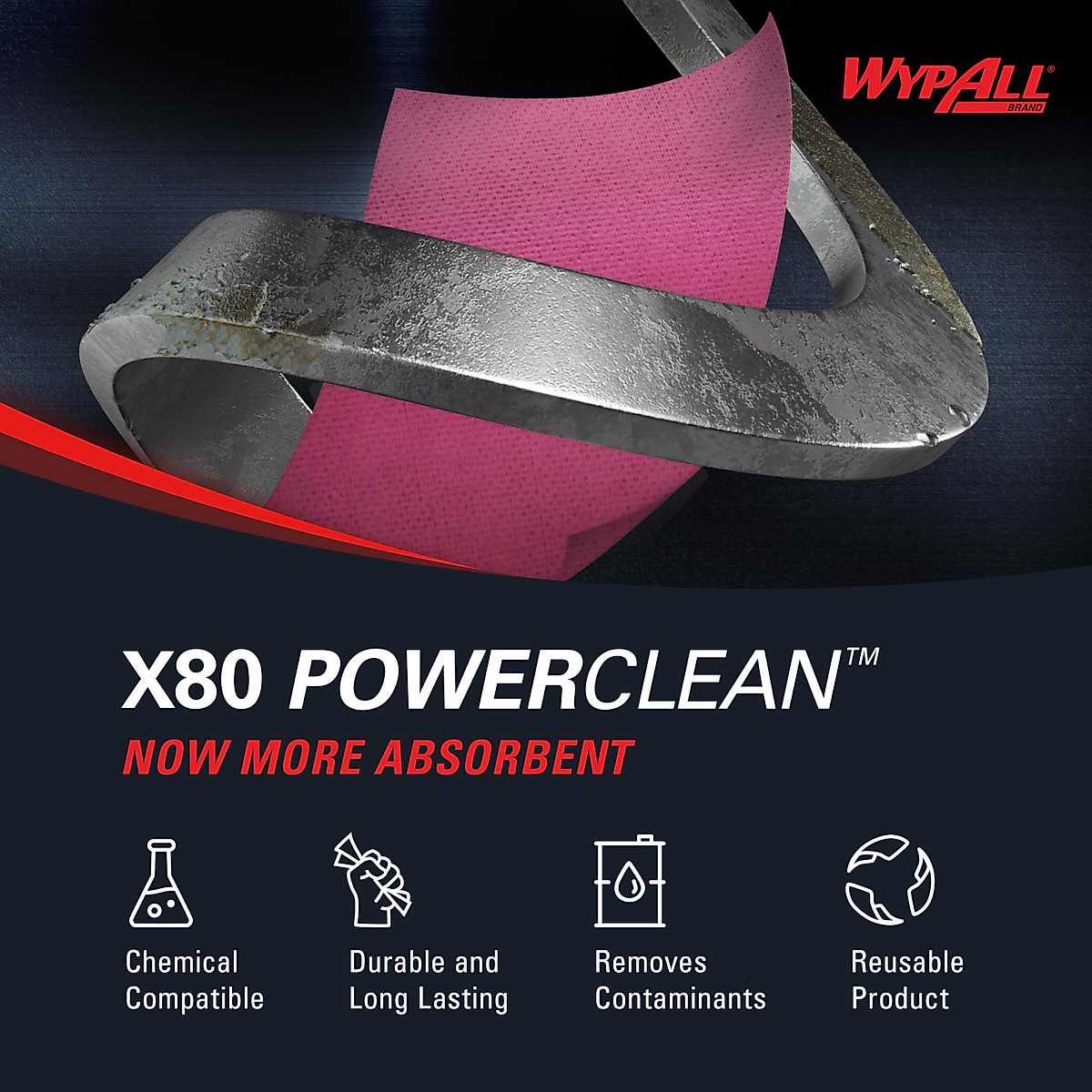 WypAll Power Clean X80 Heavy Duty Cloths (41055), Extended Use Cloths Jumbo Roll, Red, 475 Sheets / Roll; 1 Roll / Case