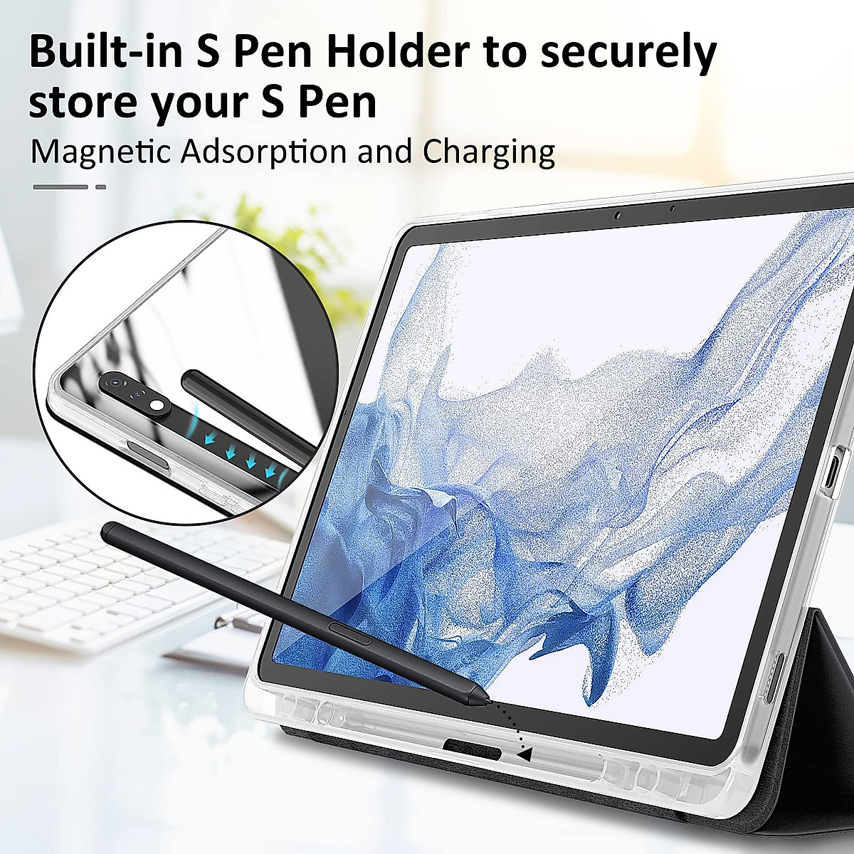 Hoidokly Case for Samsung Galaxy Tab S8 Case 2022 (SM-X700/SM-X706)/Tab S7 11" 2020 Case with S-Pen Holder, Tablet Trifold Cover Case Transparent PC Back Shell with Back Pen Slot/Auto-Wake, Black