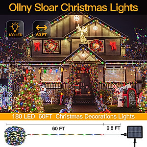 Ollny Solar String Lights Outdoor 2Pack Each 180LED 60FT 11Modes IP67 Waterproof, Warm White & Multicolor Solar Fairy Lights with Timer Memory for Patio Christmas Decorations