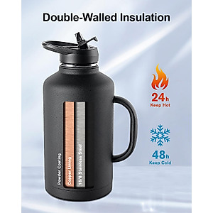 Trebo 64oz Water Bottle Insulated with Straw & 2 Lids,Half Gallon Double Wall Vacuum Stainless Steel Metal Large Jug with Handle,Wide Mouth Flask Mug with Carry Pouch,Keep Cold Hot,Black