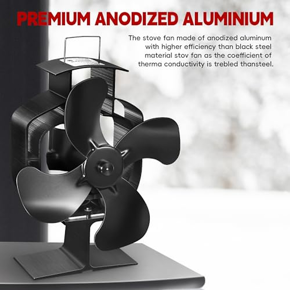 KIAADSY Wood Stove Fan, 4Blades Fireplace Fan Heat Powered for Wood/Fireplace/Log Burner, Efficiently Circulate Warm Air, Silent Design Stove Fan