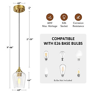 VONLUCE Pendant Light Kitchen Island, Brushed Gold Pendant Light Fixture with E26 Base & Adjustable Cable, Modern Pendant Lighting with Glass Shade for Living Room Bedroom Hallway