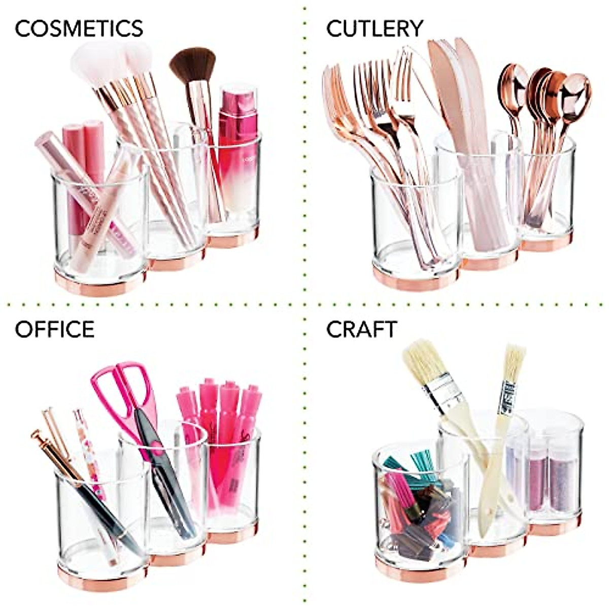 mDesign 3- Section Makeup Brush Organizer for Bathroom Vanity - Plastic Brush Holder for Makeup - Storage Cup for Eyeliner, Lipstick, Concealer - Cosmetic Holder, Lumiere Collection, Clear/Rose Gold