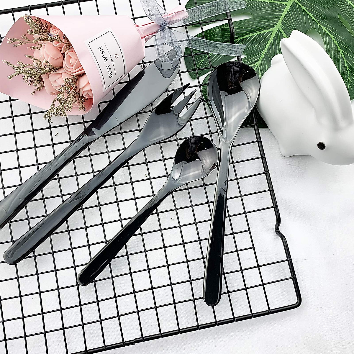 JASHII Japanese-style Stainless Steel Flatware Service for 6, Modern Sleek Design Utensils Cutlery Including Knife 24-Piece Silverware Set - Shiny Black