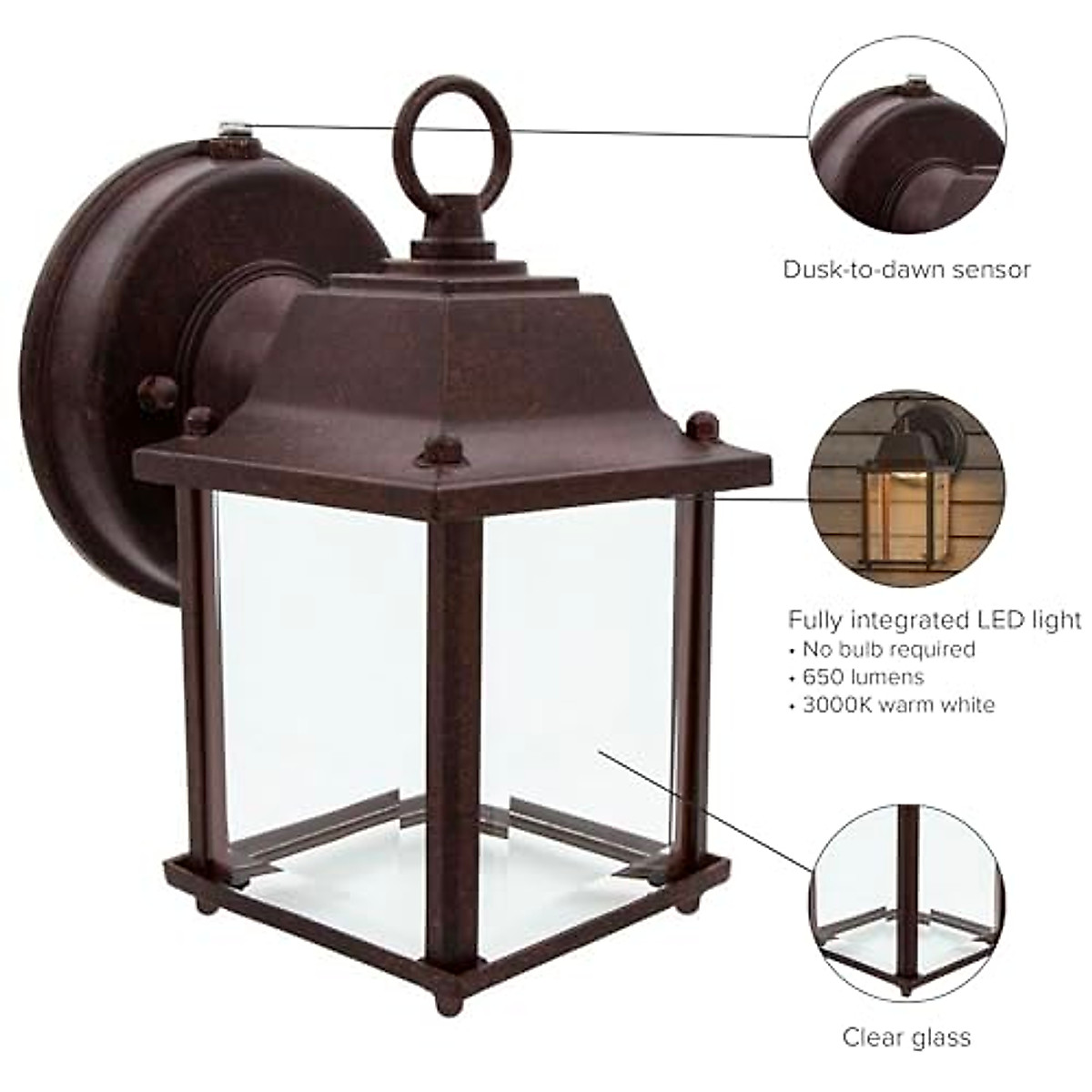 Maxxima LED Porch Lantern Outdoor Wall Light - Aged Bronze with Clear Glass, 3000K Warm White, 650 Lumens, Dusk to Dawn Photocell Light Sensor, Patio or Porch Sconce Fixture, Exterior Lighting - Brown