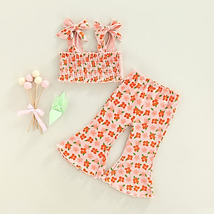 Toddler Baby Girl 2Pcs Outifts Kids Floral Sleeveless Strap Vest Tops High Waist Flared Pants Bell Bottoms Clothes (Flower Pink,2-3T)