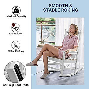 OTSUN Outdoor Rocking Chair, Patio Rocker Chair with High Back, All Weather Resistant Fade-Resistant Front Porch Rocking Chair, Stable Smooth Wood Rocker for Balcony, Yard (White & Brown)