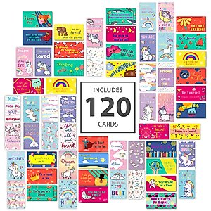 Avamie 120 Pack Lunch Box Notes for Kids- Motivational Inspirational Lunch Box Love Notes 60 Unique Designs 2x3.5 inch Dimension (Unicorn Theme+ Colorful Theme)