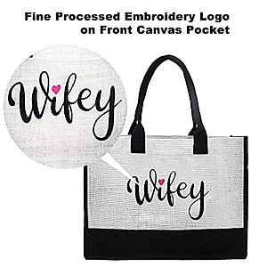 BeeGreen Wifey Jute Beach Bag w Inner Zipper Pocket White Burlap Tote Bag Laminated Interior Large Wedding Gifts Embroidery Monogram Bridesmaid Gift for Engagement Honeymoon Bridal Shower Gift