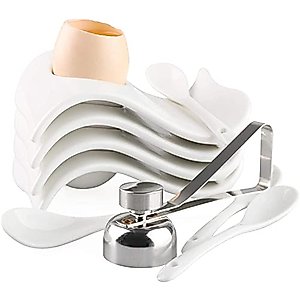 Ceramic Egg Cups Holder Porcelain Egg Cup for Soft Boiled Eggs with Stainless Steel Egg Cracker Topper Cutter 4 Egg Spoons Egg Cups Stand Plates Set (9)