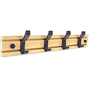Coat Rack Wall Mounted ,Wooden Board Coat Rack with 4 Movable Coat Hooks, Heavy Duty Coat Metal Hooks Rail for Coat Hat Towel Purse Robes Bathroom Entryway (Natural)