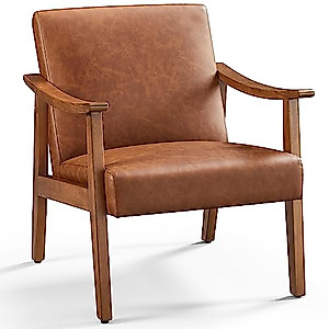 Yaheetech PU Leather Accent Chair, Mid-Century Modern Armchair with Solid Wood Legs, Reading Leisure Chair with High Back for Living Room Bedroom Waiting Room, Light Brown 1