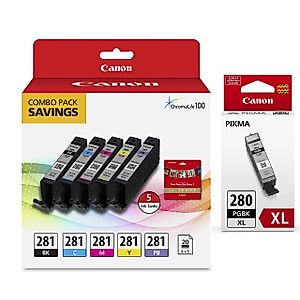 Genuine Canon CLI-281 5-Color Ink Tank Combo Pack with 5 x 5" Photo Paper (2091C006) + Canon PGI-280 XL Pigment Black Ink Tank (2021C001)