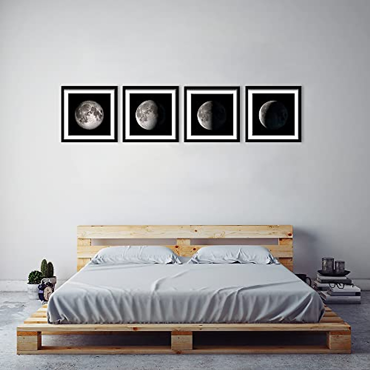 ENGLANT - 4 Pieces Framed Moon Phases Canvas Wall Art, Black and White Bedroom Wall Decor, Abstract Giclee Space Artwork with Matting and Acrylic Panel Sealing, for Home and Office Decoration