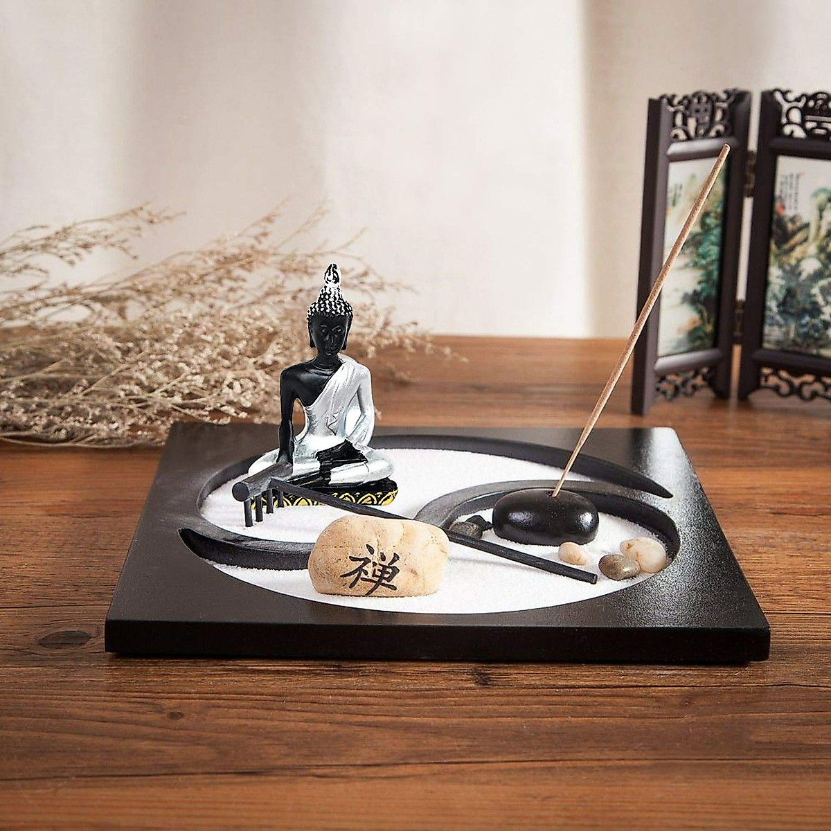 Royal Brands Yin and Yang Zen Garden with Buddha, Rake, Sand and Rock Garden, and Incense Holder – Peace and Tranquility (9"x9"x6")