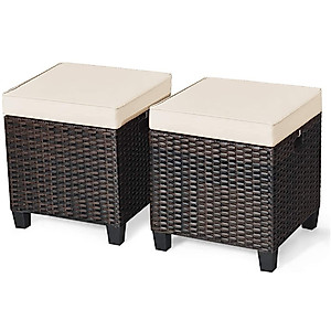 Giantex 2-Piece Rattan Patio Ottoman, All Weather Wicker Ottoman w/Removable Cushion & Steel Frame, Outdoor Footstool Footrest Furniture (Cream)