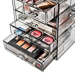 Sorbus Acrylic Clear Makeup Organizer - Big & Spacious Cosmetic Display Case - Stylish Designed Jewelry & Make Up Organizers and Storage for Vanity, Bathroom (4 Large, 2 Small Drawers - Black Jewel)