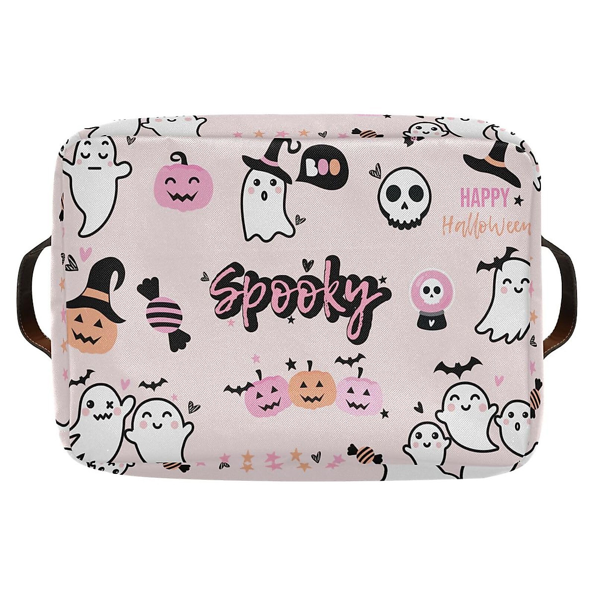 Sletend Foldable Canvas Storage Basket with Handles Halloween Cartoon Ghost Durable Storage Bin Organizer for Nursery Kids Shelves Desks Printed Canvas Storage Basket