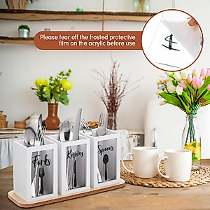 Gejoy Clear Acrylic Silverware Caddy Utensil Holder for Countertop Silverware Organizer with Wood Tray Spoon and Fork Holder Cutlery Silverware Holder Utensil Caddy Flatware Organizers (White)