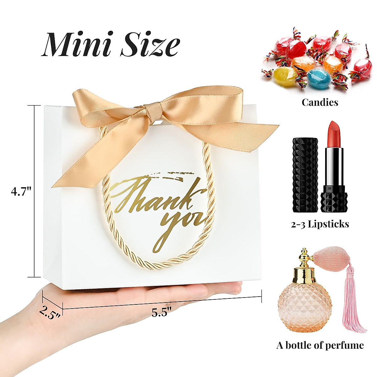 Mauproy 20 Pack Small Thank You Gift Bags with Handles, 5.5''x 2.5''x 4.7'' Mini Paper Gift Bags with Ribbons Party Favor Bags for Wedding Baby Shower Bridal Shower Birthday Christmas (White)