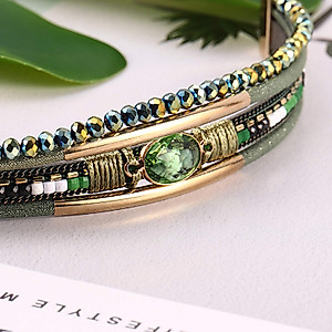 FANCY SHINY Leather Wrap Bracelets Crystal Beads Bracelet Boho Cuff Stone Charm Bracelets with Clasp Costume Jewelry for Women(Dark Green)