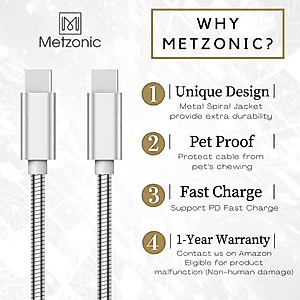 METZONIC USB C Cable 2 Pack, Type C to Type C Metal Braided Fast Charge Cable 6.6 Feet PD 65W Fast Charge Data Sync Transfer Cord