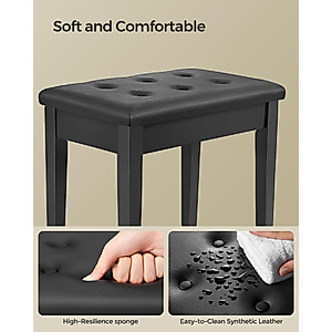 SONGMICS Piano Bench with Padded Cushion and Storage Compartment for Music Books, Vanity Stool, Tufted Wooden Piano Seat, 13.8 x 22 x 19.5 Inches, Black ULPB55H