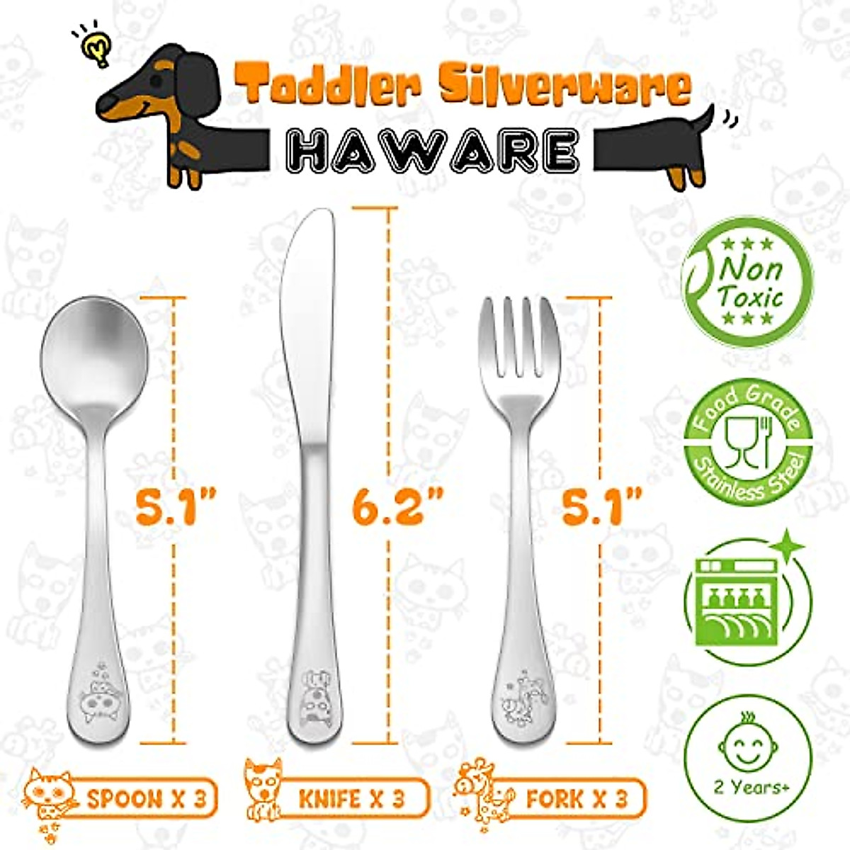 9-Piece Kids Silverware Flatware Set, HaWare Stainless Steel Toddler Preschooler Eating Utensils, Metal Cutlery for Self Feeding, Mini Flatware Set for Home Kitchen School, Healthy and Dishwasher Safe