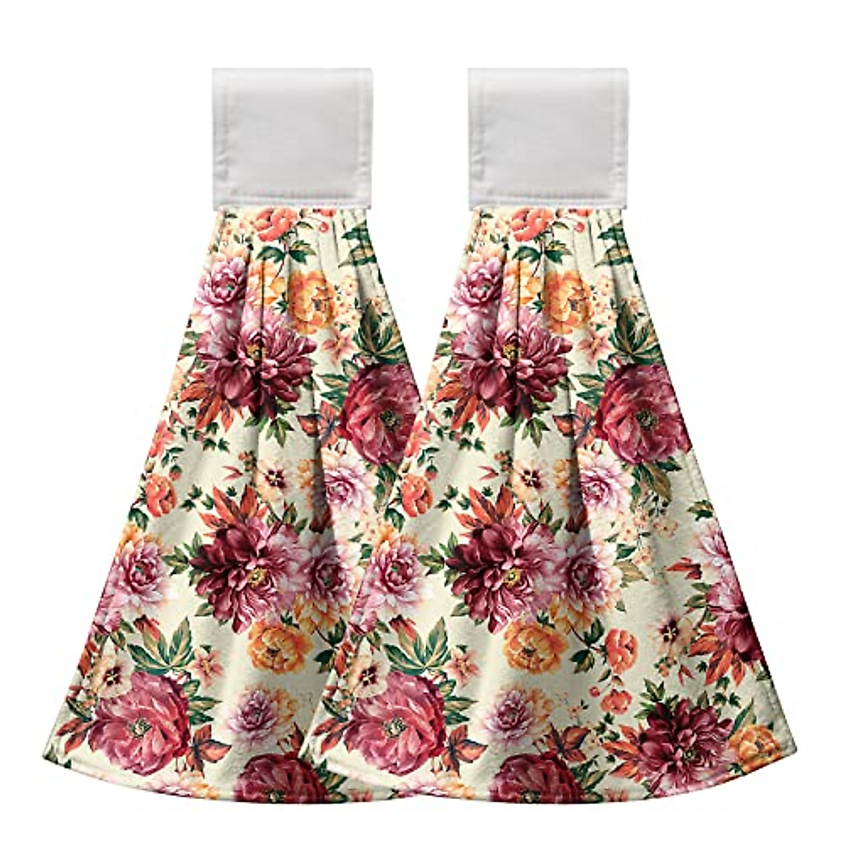 Kwlegh Beautiful Floral Tie Towels Set of 2 Summer Peony Kitchen Towels with Hanging Loop Red Flower Bathroom Towels Soft Absorbent Hanging Hand Towels for Bathroom Kitchen 12x17 Inch