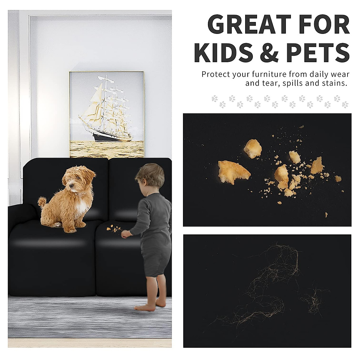 Easy-Going PU Leather Recliner Sofa Slipcovers, Waterproof Stretch Sofa Covers, 8 Pieces Stretch Furniture Protector, Elastic Strap Shield Pets Kids Children Cats Dogs Black