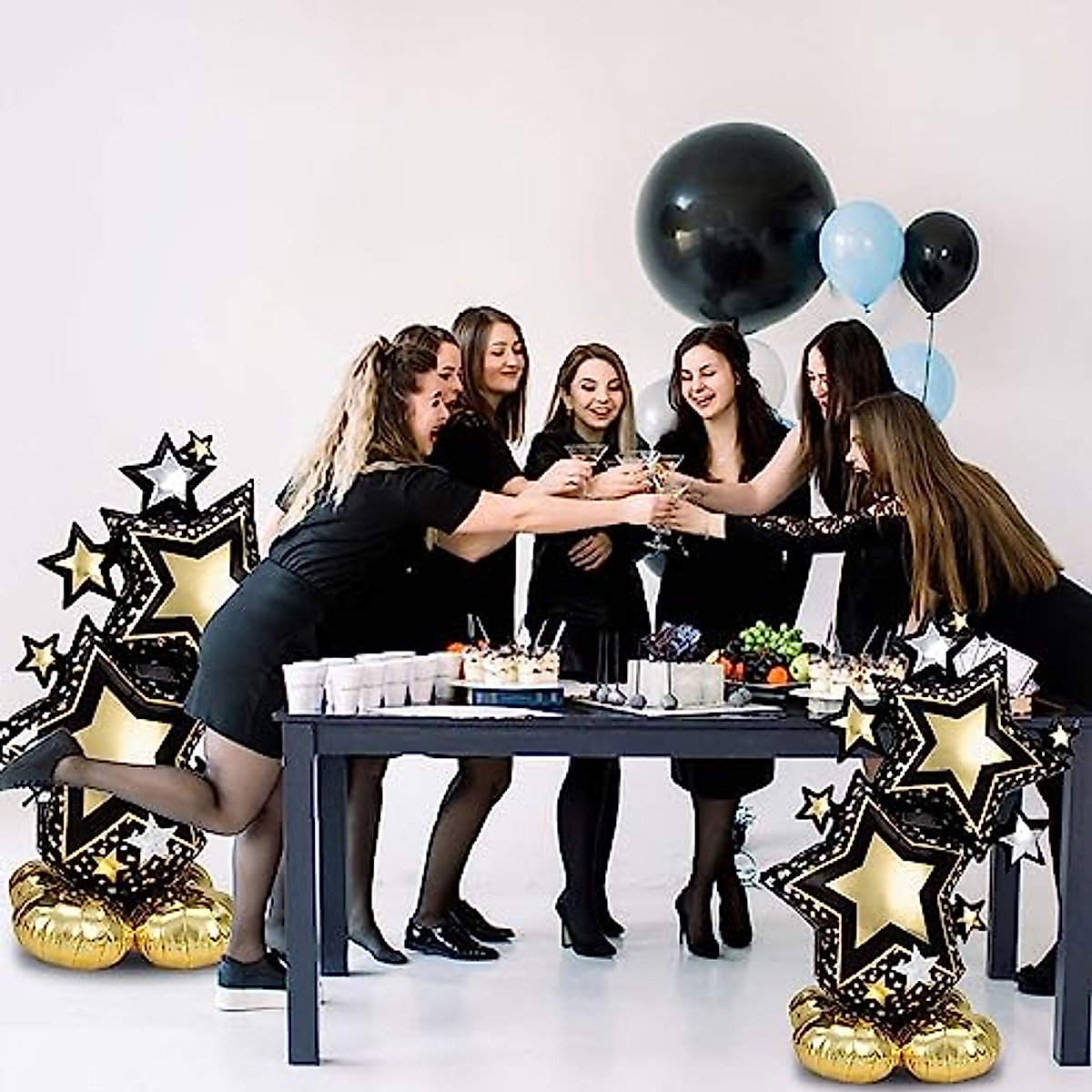 Black Gold Star Balloons, 2 Pcs Standing Foil Star Balloon, 32 Inch Thickened Large Mylar Star Balloons for Birthday Party Graduation Baby Shower Anniversary Engagement Bachelorette Decorations