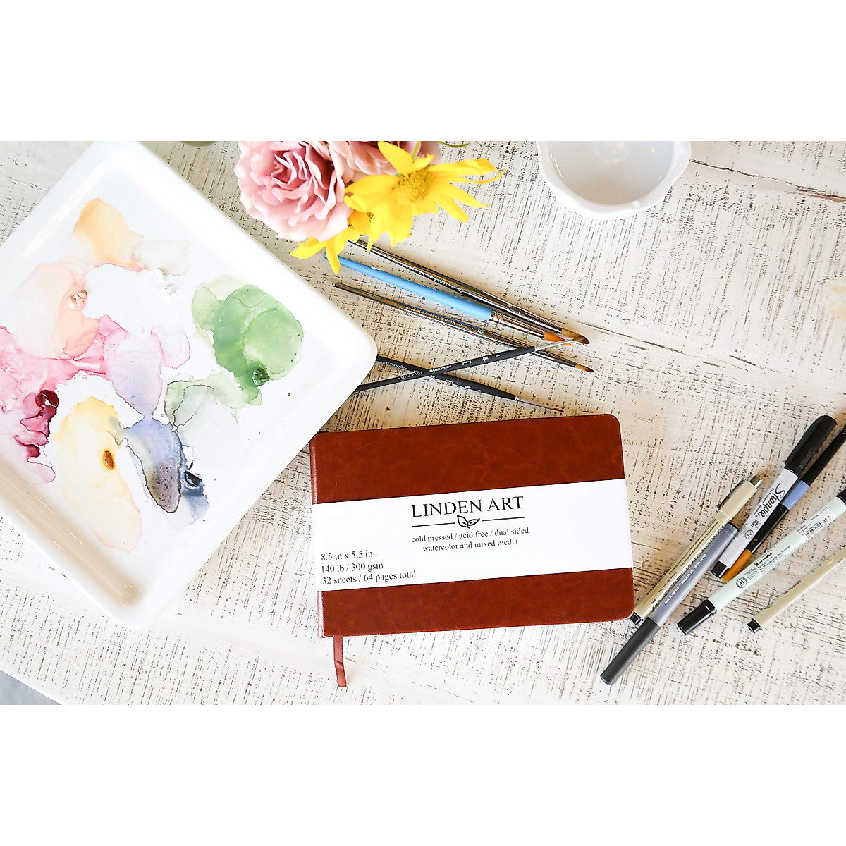 Linden Art Watercolor Journal, 140 lb (300 GSM), 64 Cold Pressed 8.5"x5.5" Pages, Watercolor and Mixed Media Travel Journal, Brown PU Leather Hard Cover