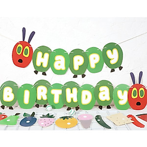 Hungry Caterpillar Happy Birthday Banner - Caterpillar Themed Birthday Party Decorations,Hungry Caterpillar Birthday Fruit Garland,Caterpillar Cake Smash Party Decor,First Birthday Photo Props