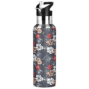Kigai Floral Pattern Stainless Steel Sports Water Bottle BPA-Free Vacuum Insulated Leakproof Wide Mouth Flask with Straw Lid Keeps Liquids Cold or Hot for Gym Travel Camping