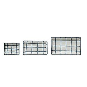 Creative Co-Op Hand-Painted Stoneware Trays with Grid Pattern, Set of 3 Plate, 7.5", Blue & White