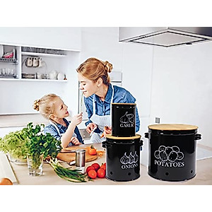 Gdfjiy Onion and Potato Storage, Set of 3 Antique Cream Vintage Potato Onion, Home Space-Saving Kitchen Canisters with Bamboo Lid & Handles - Airtight Potato, Onion & Garlic Keeper for Vegetable Storage - Long Shelf Life (Black)