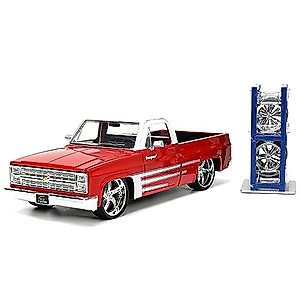 1985 Chevy C-10 Pickup Truck Red with White Top and Graphics with Extra Wheels Just Trucks Series 1/24 Diecast Model Car by Jada 34179