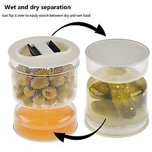 Pickle and Olives Jar Container With Strainer Flip Hourglass, Hourglass Jar Kimchi Jar Dry and Wet Separation Kitchen Pickled Cans Plastic Household Cylinder Fermentation Storage Tank（2PSC Brush）