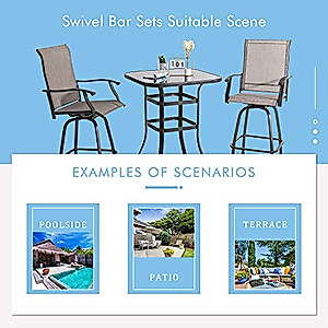 Shintenchi 3 Pieces Patio Swivel Bar Set, All Weather Textile Fabric Outdoor High Bar Stool Bistro Set with 2 Bar Chairs and Glass Table for Home, Backyard, Garden, Lawn, Porch (Brown)