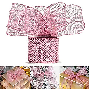 HUIHUANG Pink Glitter Wired Ribbon Web Mesh Ribbon Wired Metallic Sparkling Wire Edge Ribbon for Gift Wrapping Wreaths Making Christmas Tree Topper Bows Home Decor DIY Crafts -2.5" x 10 Yards