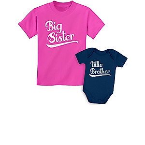 Big Sister Little Brother Matching Outfits Baby Announcement Sibling Shirts Set Girls Shirt Wow Pink/Baby Navy Kids Shirt 4T / Baby Newborn