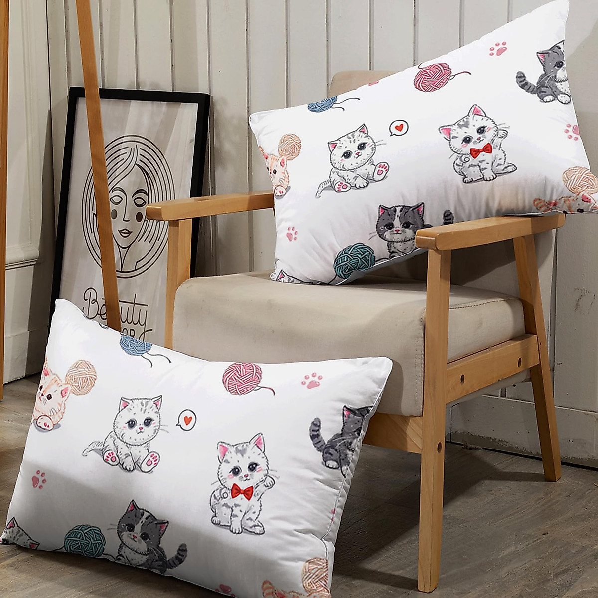 AILONEN Lovely Cartoon Cat Bed Set Kids,Cute Woolen Thread Kittens Bed Sheet Set for Girls Twin Size, Kawaii Animal Cat Lover Bedding Set,3-Piece, 1 Fitted Sheet and 2 Pillowcases,Soft Breathable