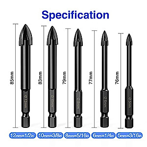 Rondarui Masonry Drill Bit, Concrete Drill Bit Set, YG6X Tungsten Carbide Tip, 1/4" Hex Shank Drill Bits, Cement Drill Bits Drilling Brick Tile Wall Wood Mirror Plastic Porcelain Ceramic, 5 Pcs
